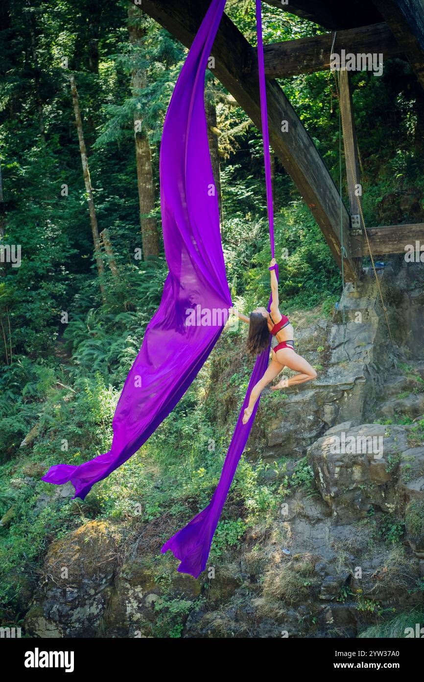 Aerial silk performer practicing outdoors under a bridge, suspended on a vibrant purple fabric ...