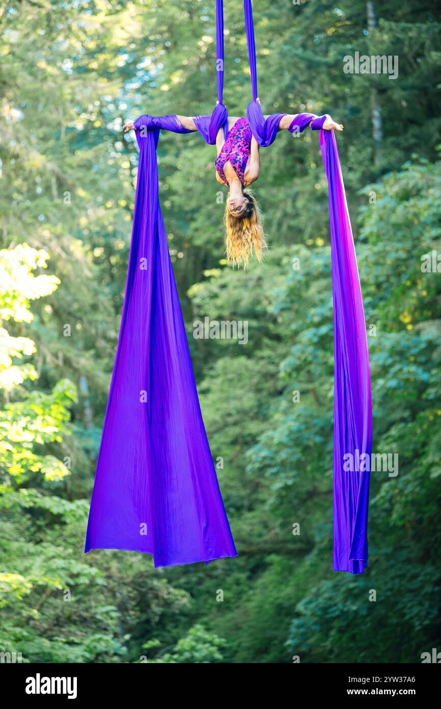 Aerial silk performer doing an inverted split in a lush green forest ...