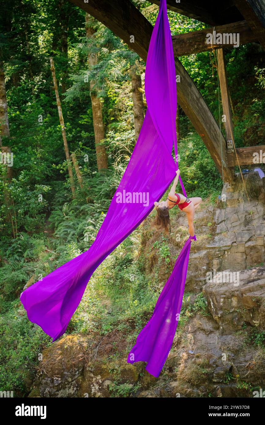 Aerial artist performing an inverted pose on purple silk fabric ...