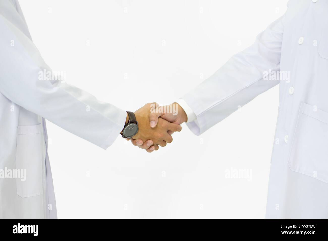 Healthcare professional and scientist in white lab coat shaking hand on ...