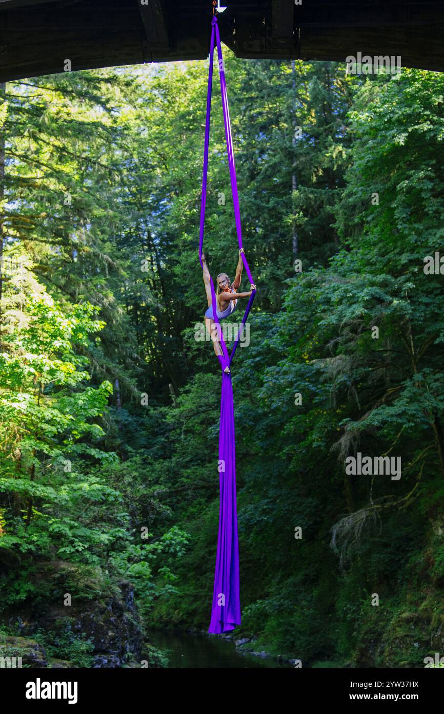 Aerial silk performer executing a pose on vibrant purple fabric suspended from a bridge in a ...