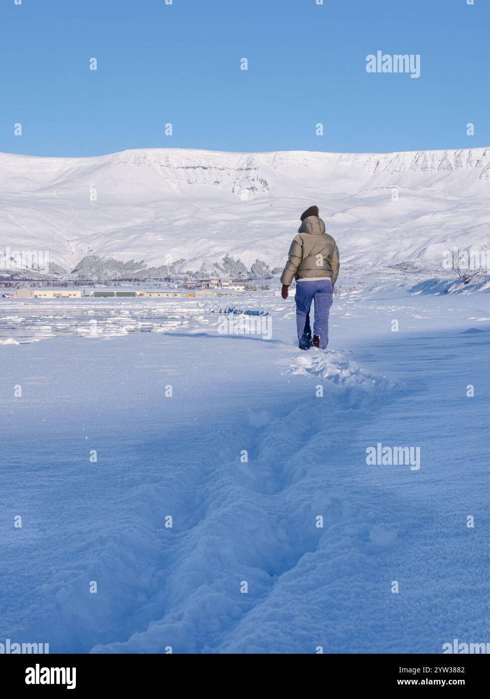 Woman traverses deep snow, leaving distinctive tracks in the win Stock ...