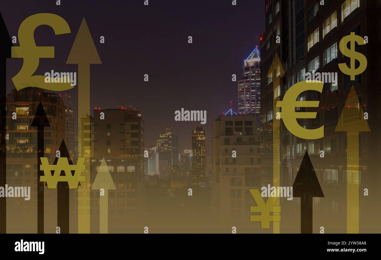 Various currency symbols and growth arrow overlay on skyscraper city at ...