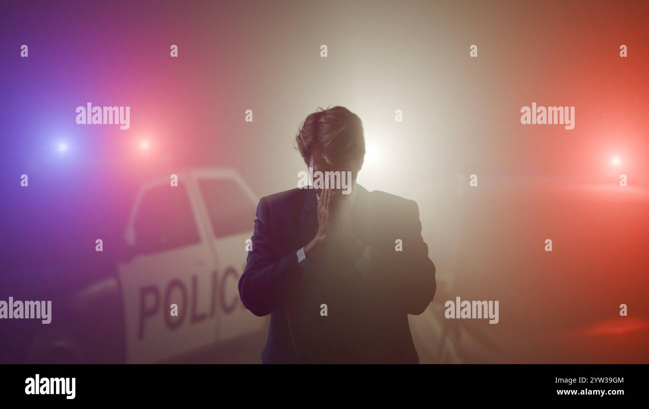 A man in a business suit is in shock on a night road, flashing police ...