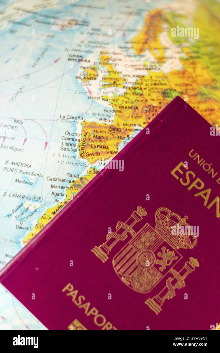 World map of Spain with passport on top. Spain adventure concept with ...