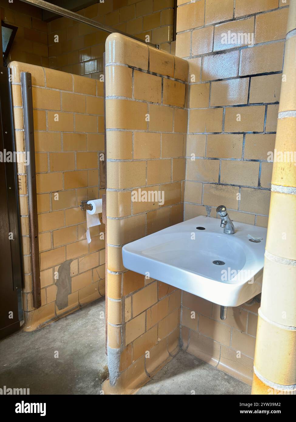 Tiled vintage public restroom with sink, stalls, toilet paper Stock ...