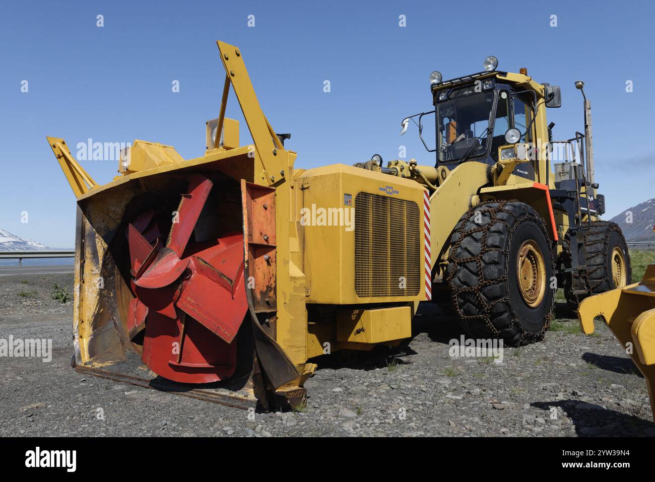 Wheel loader with snow blower, ring road, Akureyri area, Iceland ...