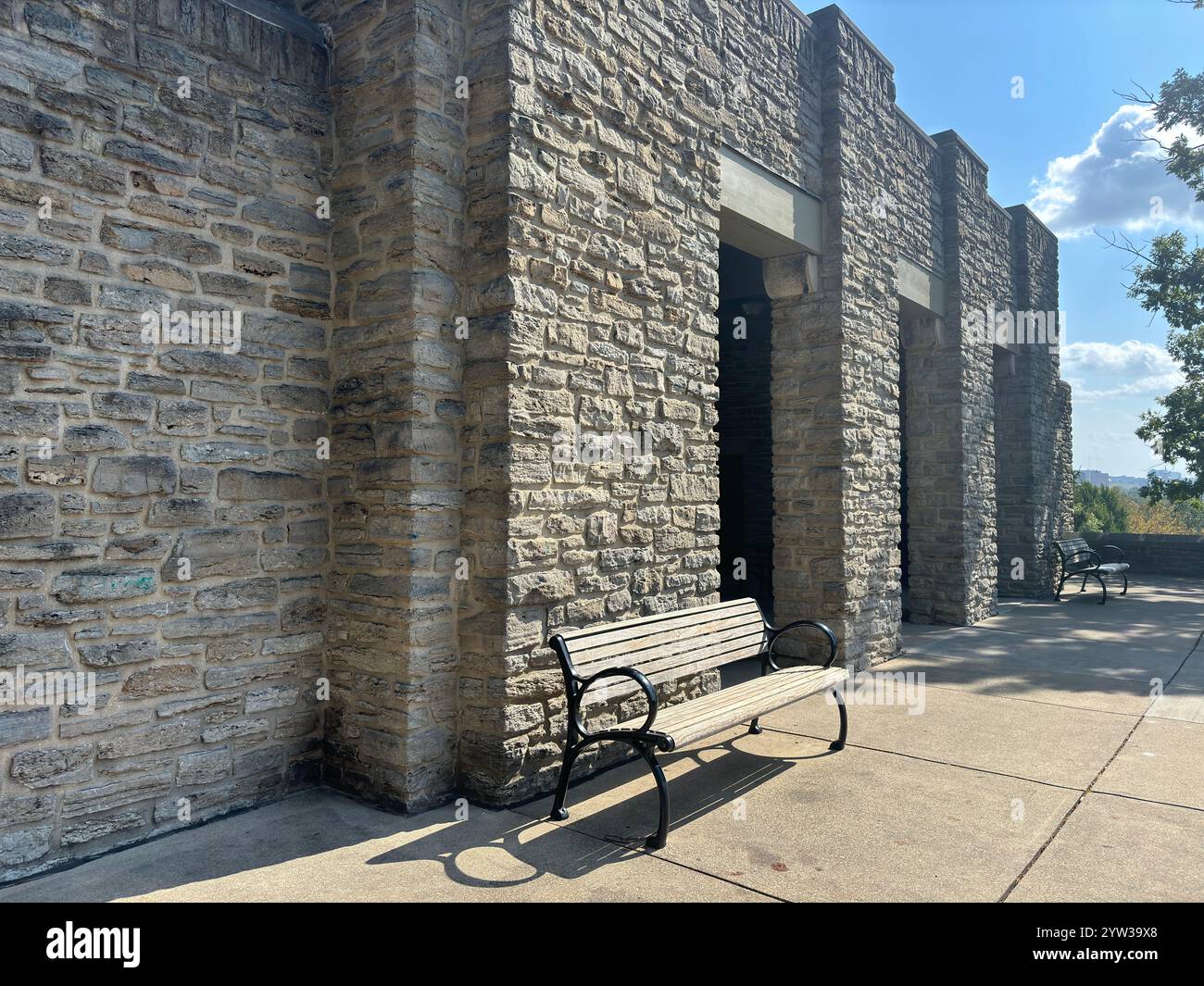 Stone building with benches at Mt. Storm Park in Cincinnati Stock Photo ...