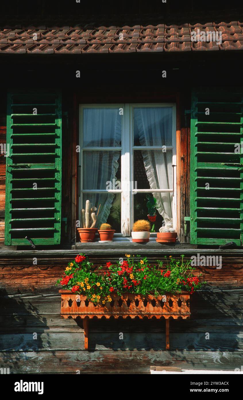 Window of wooden house, Bonigen, Switzerland, Boeningen, Europe Stock ...