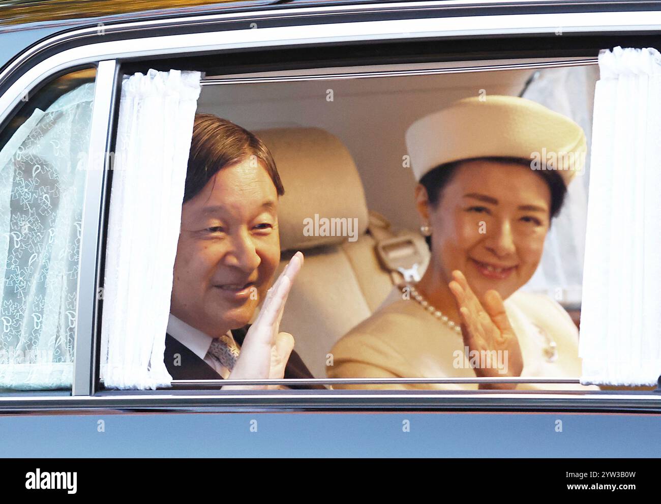 Japanese Emperor Naruhito and Empress Masako enter Sento Imperial Palace to give birthday ...