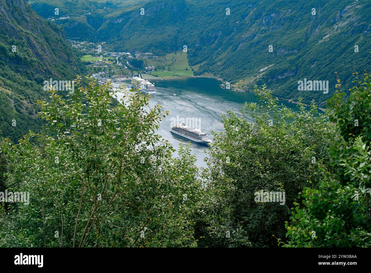 Cruise ship in a fjord with lush green slopes and a small village in ...