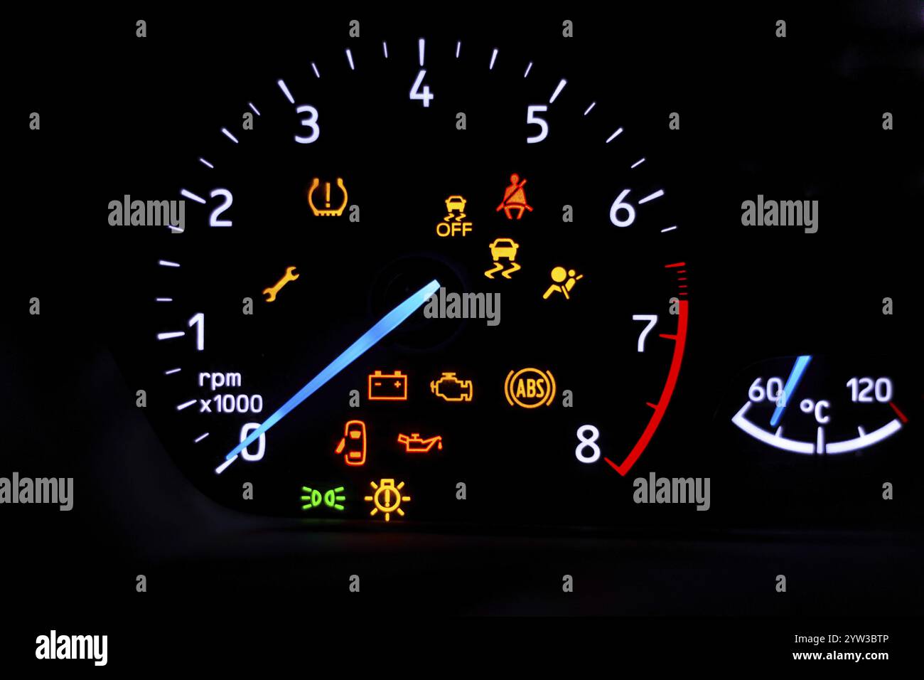 A car's dashboard lights up with multiple alert icons, signaling ...