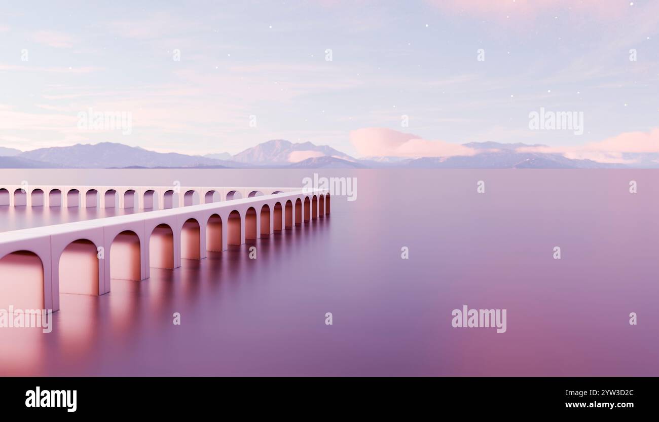 Illustration of a serene pink dusk sky over a calm lavender sea with a ...