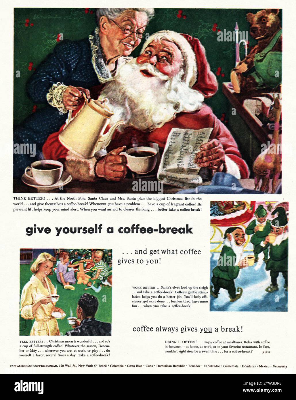 1952 Pan-American Coffee Bureau print ad - Coffee Break Santa Claus and ...