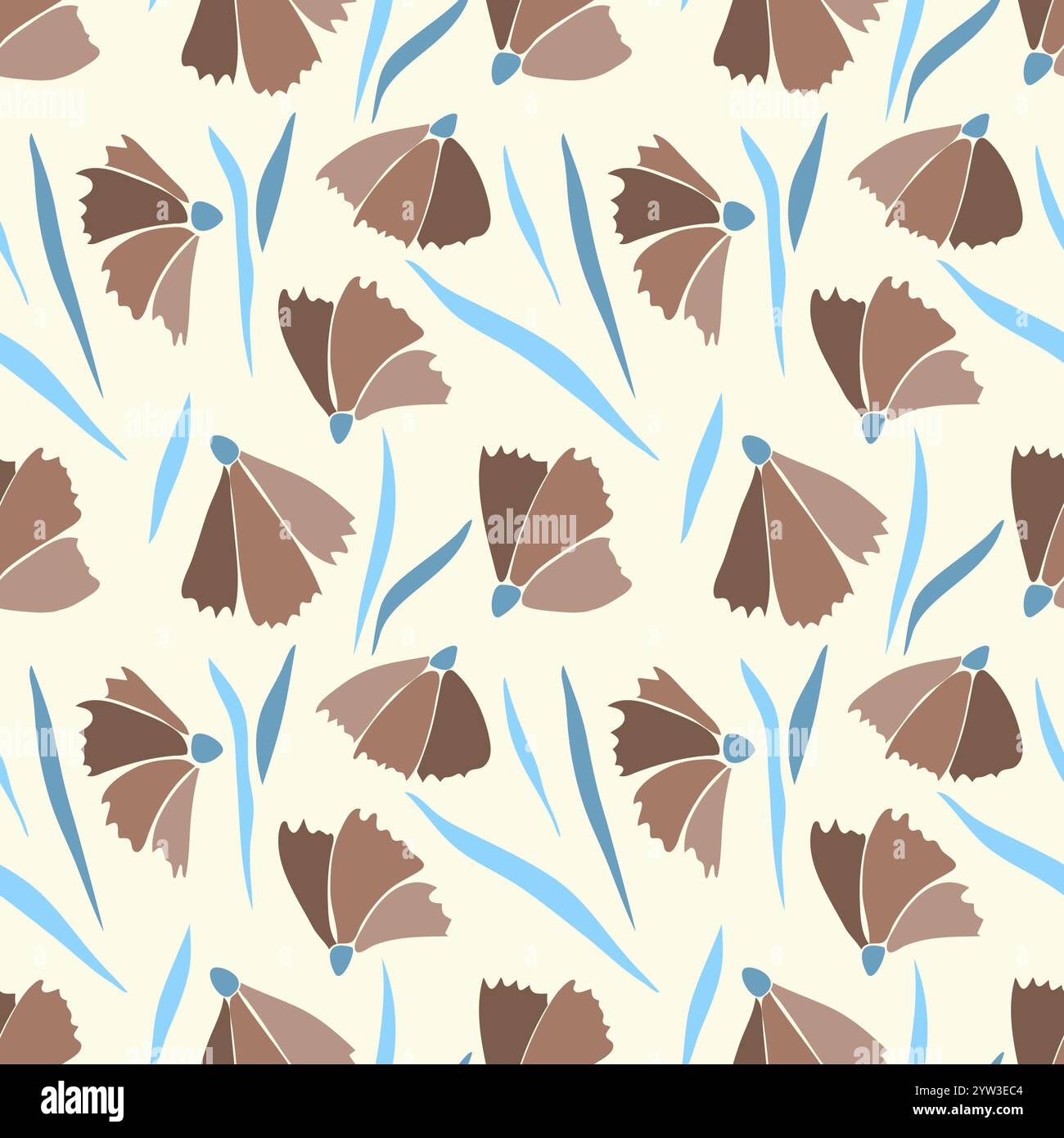Pattern of flowers in mocha tones with blue leaves on soft beige ...