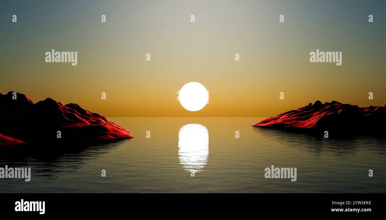 Illustration of sunrise over a calm sea with the sun reflecting on the ...