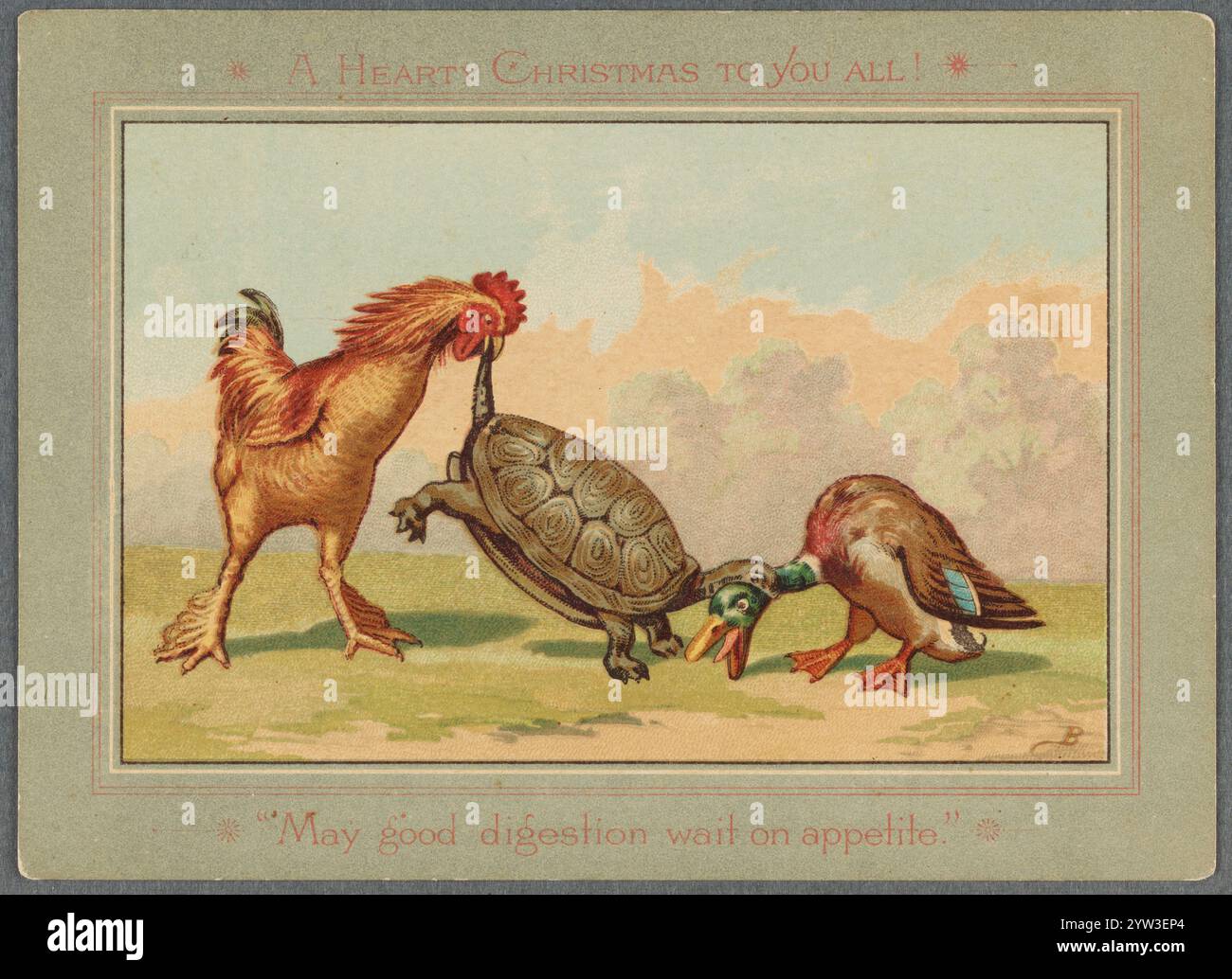 19th century Christmas card - rooster fighting turtle and duck - "May ...