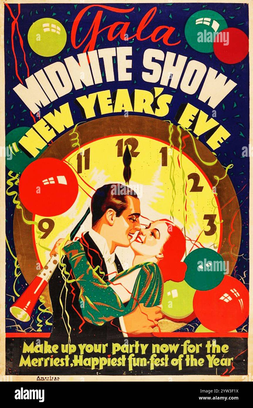 1930s New Year Eve poster showing a couple in an embrace, about to kiss ...