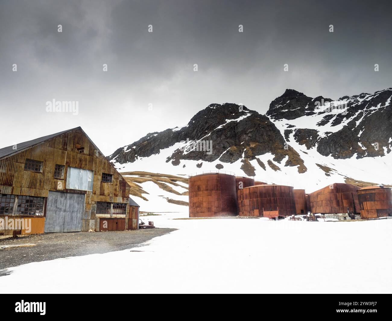 Abandoned oil storage tanks and the old engineering workshop beneath ...