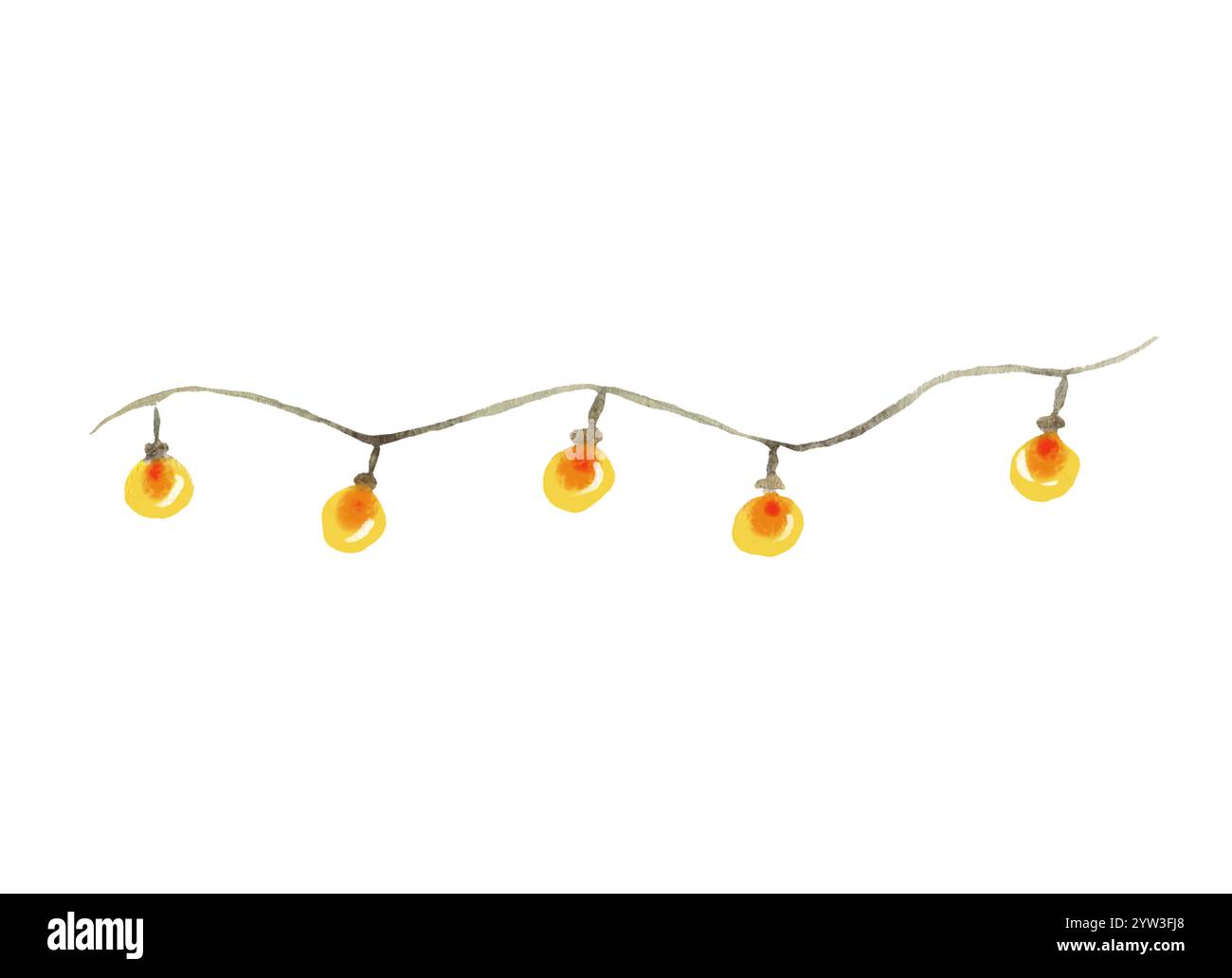 Watercolor illustration of a string of yellow fairy lights with a ...