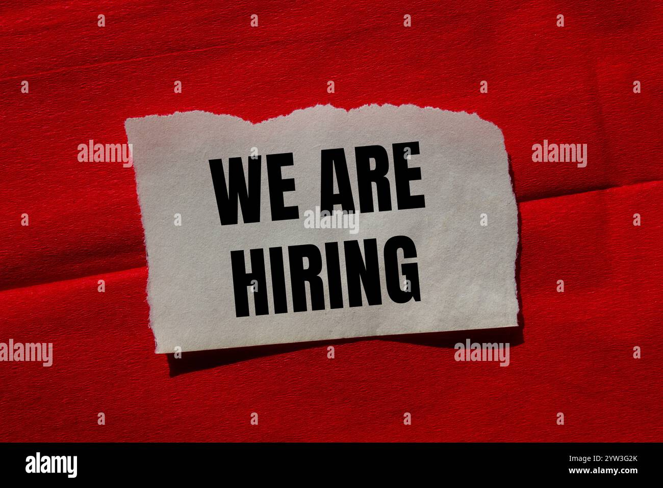 We are hiring message written on ripped torn paper piece on red background. Conceptual we are ...