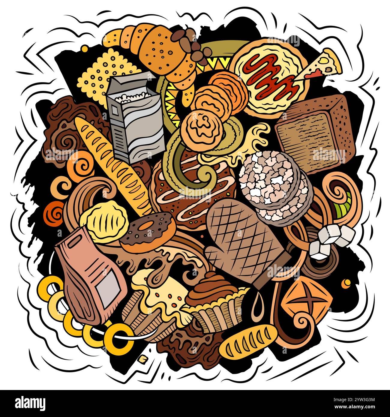 Cartoon vector Bakery doodle illustration features a variety of ...