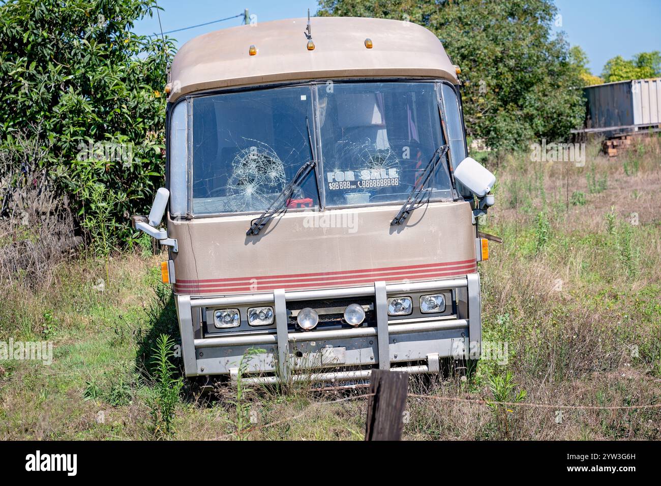 Derelict broken bus wreck, for sale, deserted in yard paddock ...