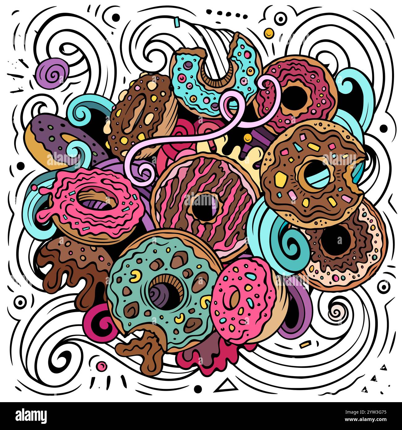 Donuts vector doodles illustration. Sweets poster design. Doughnut ...