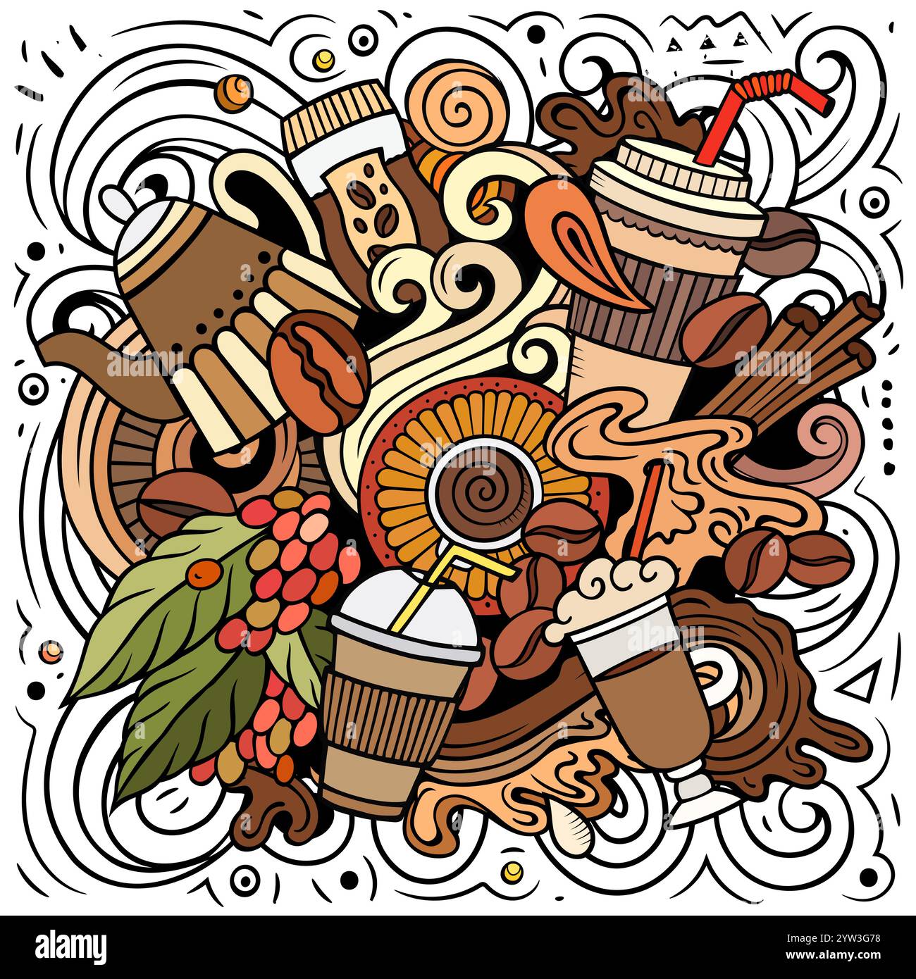 Cartoon vector doodles Coffee House illustration. Colorful, detailed ...