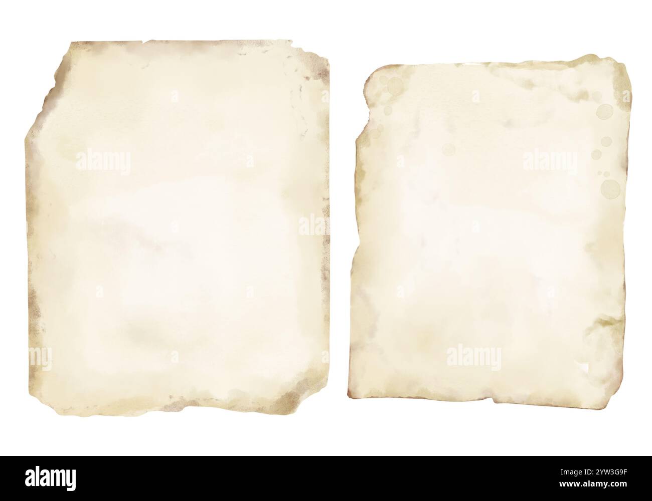 Old paper sheet with worn edges in set. Watercolor digital illustration ...