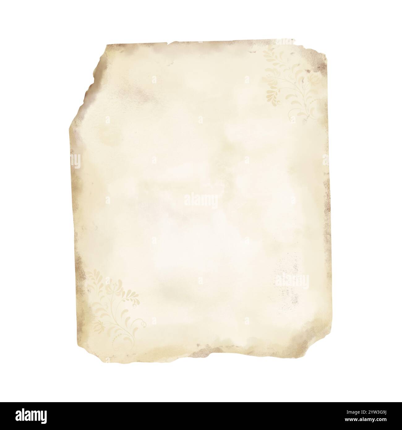 Old sheet of paper with worn edges. Watercolor digital illustration ...