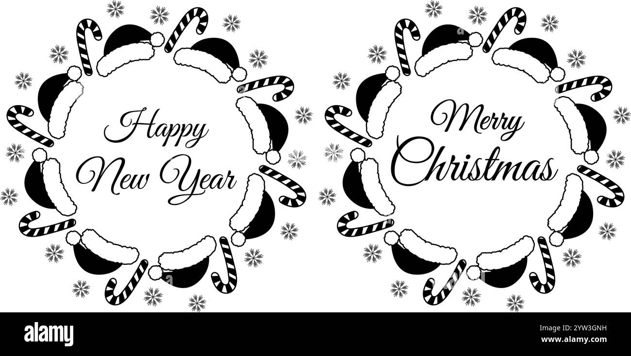 Striped Candy Cane, snowflakes, Santa cap Circle Frame border and Merry ...