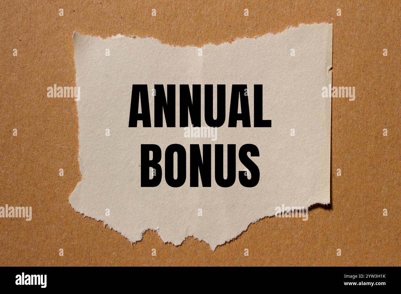 Annual bonus message written on ripped torn paper piece with brown ...