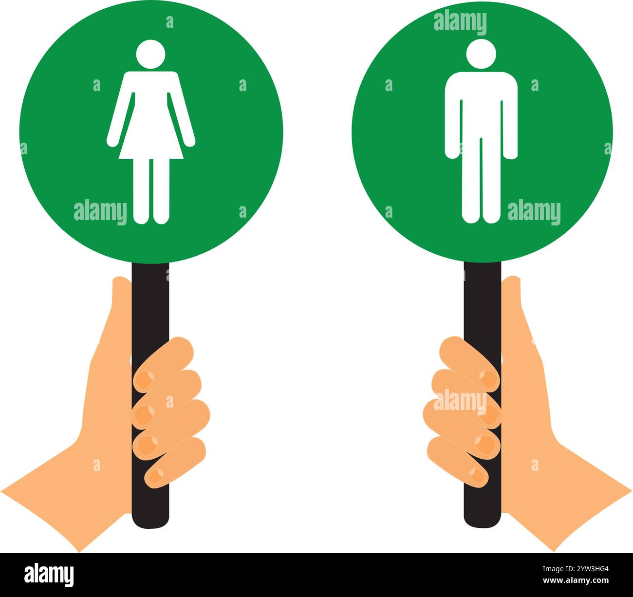 Hands holding green round signs with man and woman silhouette on them ...