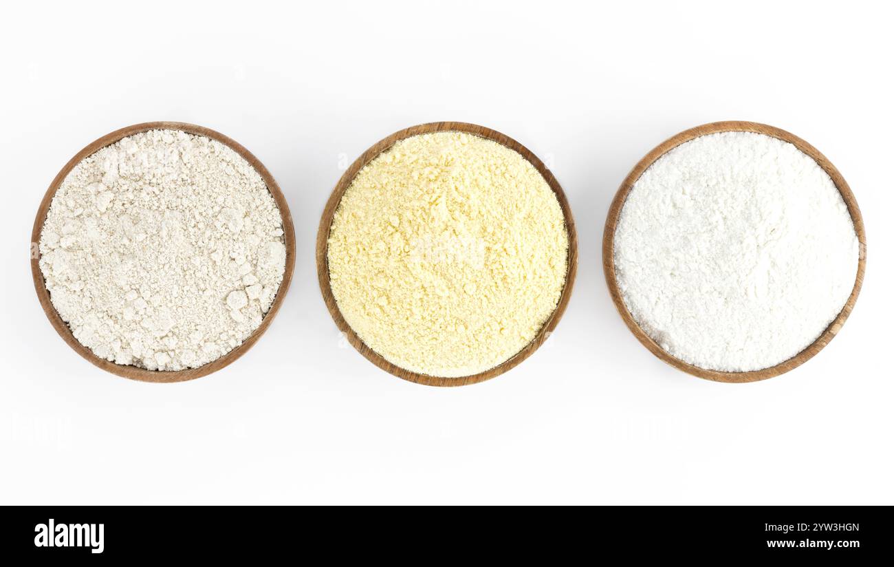 Baking ingredients background: gluten free rice, corn, oatmeal on a ...