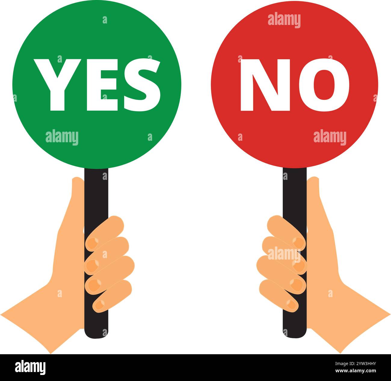 Hands holding red and green round signs with yes and no words on them ...