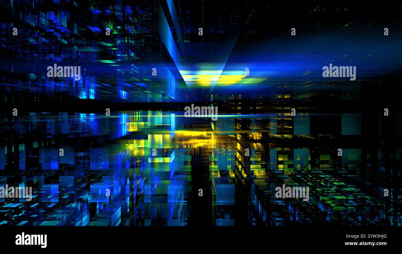 Dynamic visual composition features bright blue and yellow hues ...