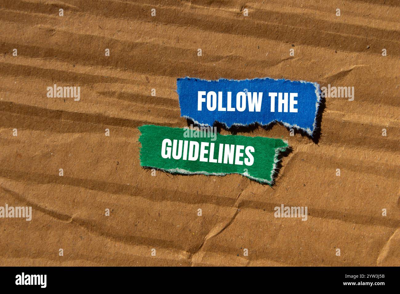 Follow the guidelines message written on ripped torn paper pieces with ...