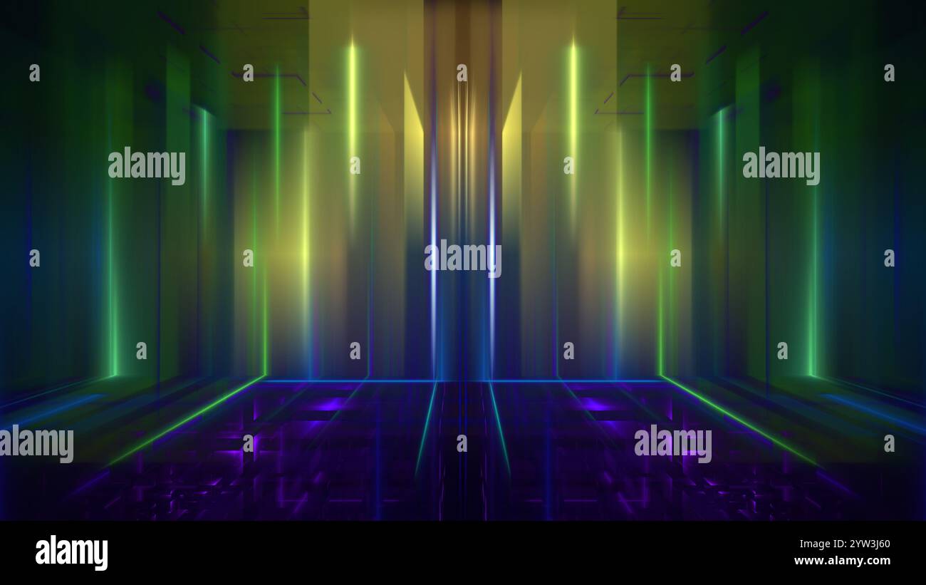 Bright neon lights cast radiant colors across a modern abstract ...