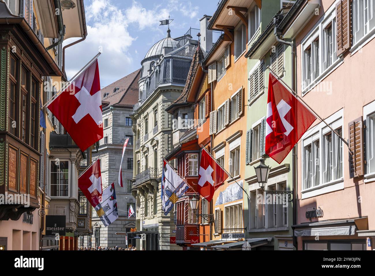 Augustinergasse with Swiss flags, Old Town, Zurich, Switzerland, Europe ...