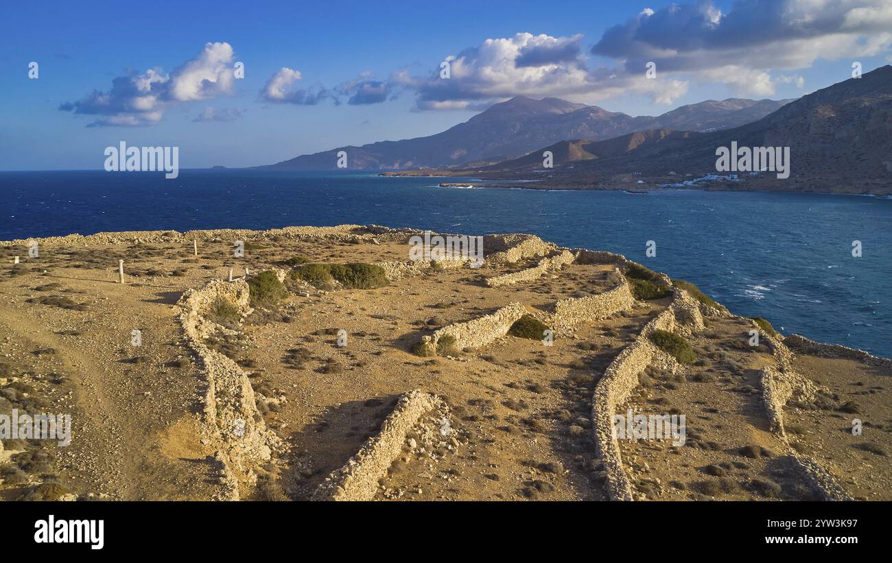 Drone shot, Archaeological excavation site, landscape of ruins by the ...