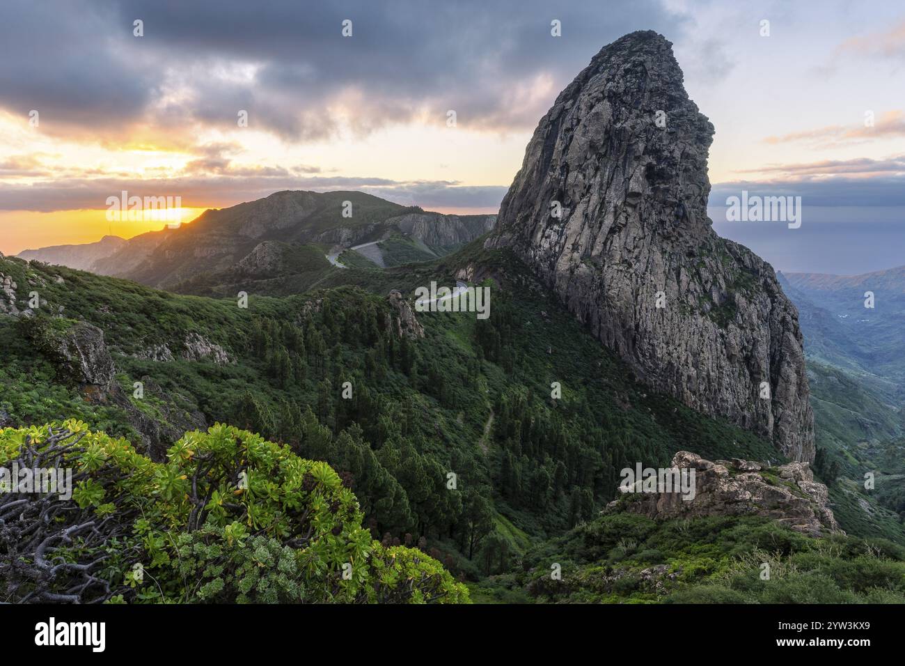 View of the Roque de Agando rock tower, one of La Gomera's landmarks ...