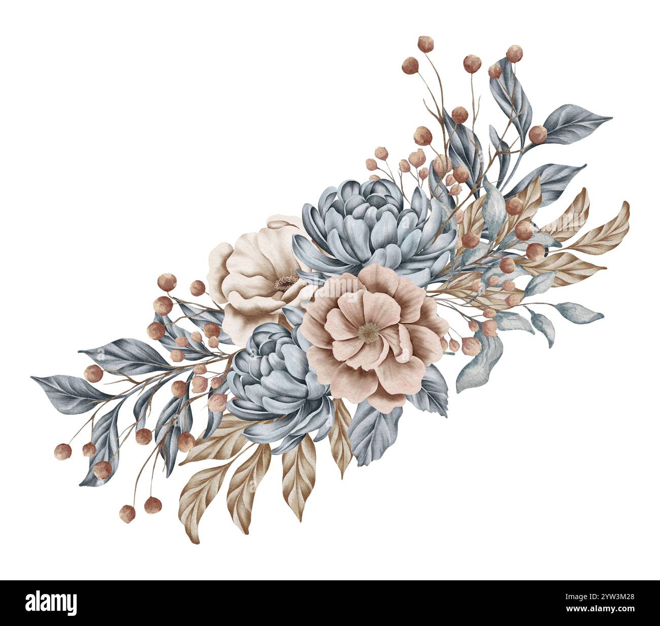 Trendy leaves, blush and rust rose wedding bouquet. Dried flower. Beige ...