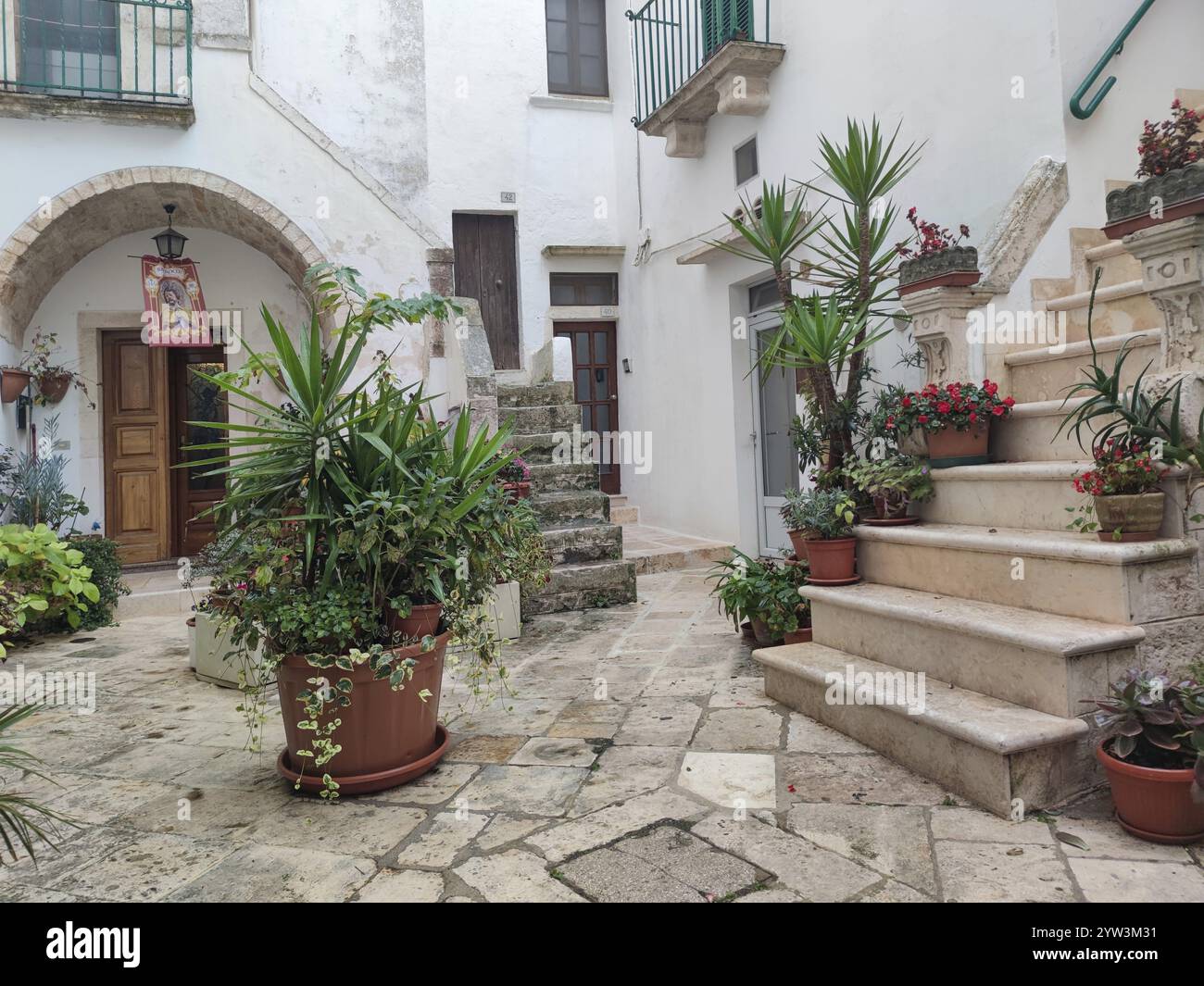 A quiet alley with plant pots and stone steps, surrounded by ...