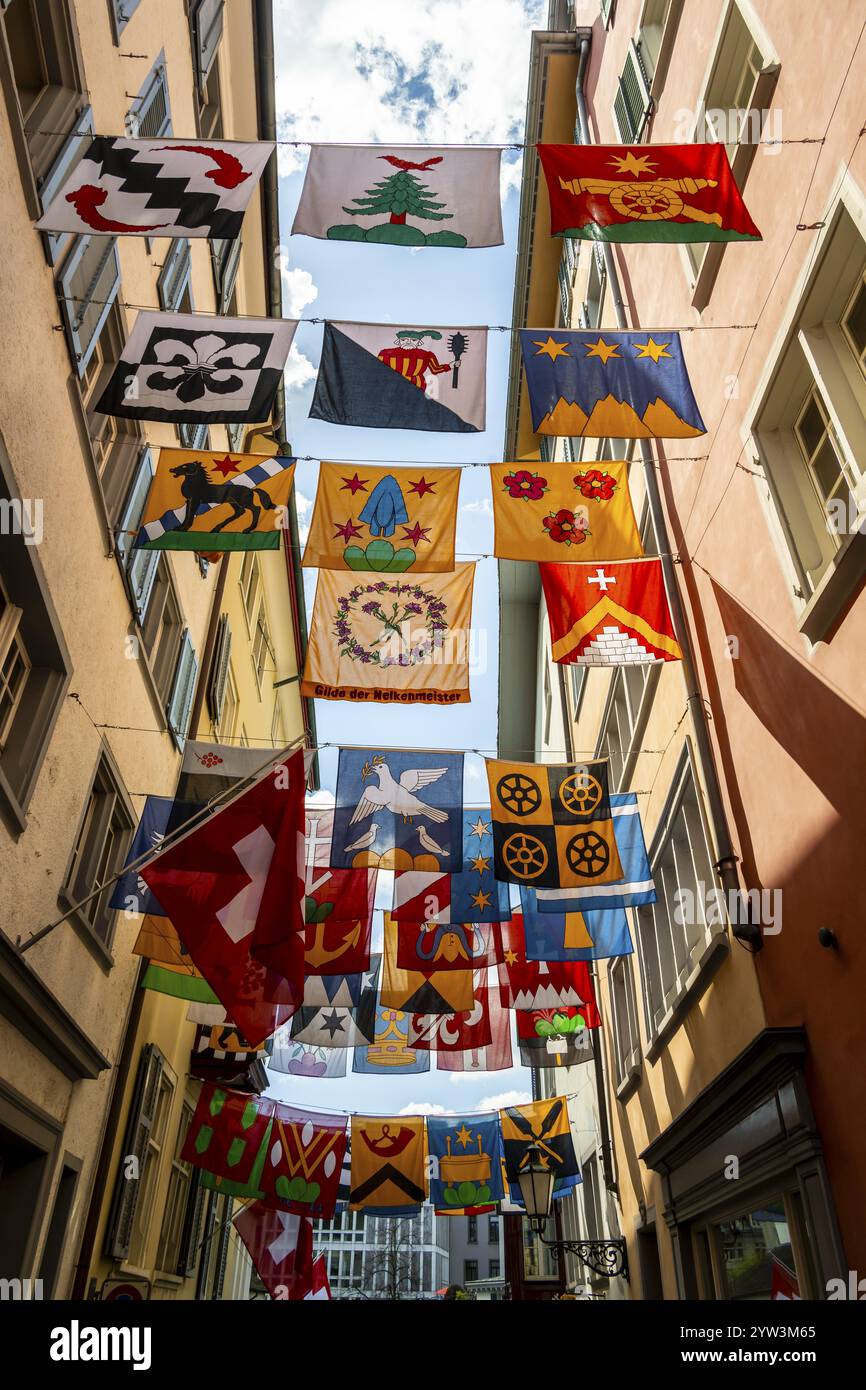 Augustinergasse with Swiss flags, Old Town, Zurich, Switzerland, Europe ...