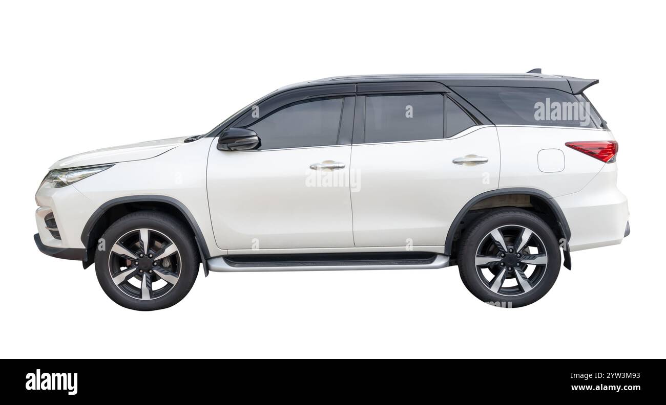 Side view of elegant clean white SUV sports car is isolated on white ...