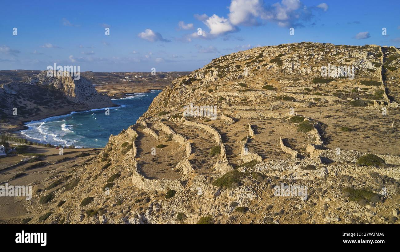 Drone shot, archaeological site, coastal landscape with ruins, sea view ...