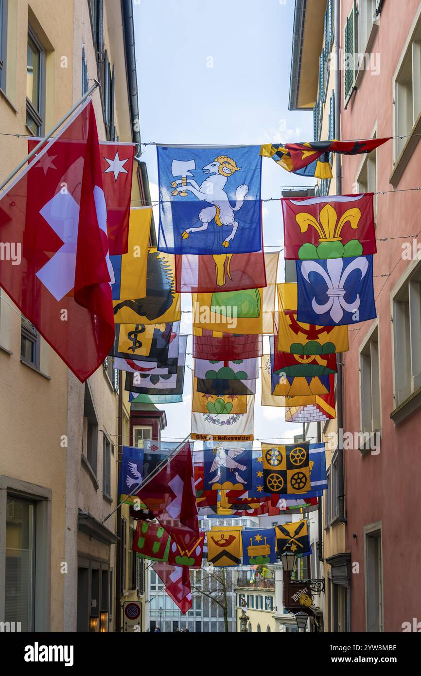 Augustinergasse with Swiss flags, Old Town, Zurich, Switzerland, Europe ...
