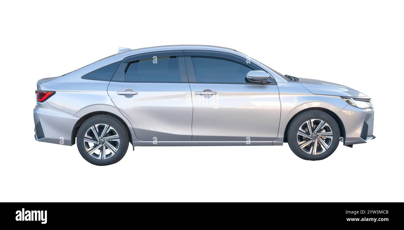 Side view of silver sedan car is isolated on white background with ...