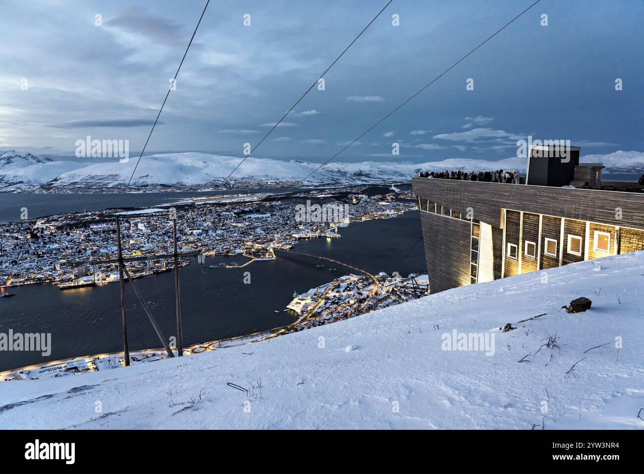 Winter view from Mount Storsteinen to the cable car viewing platform ...